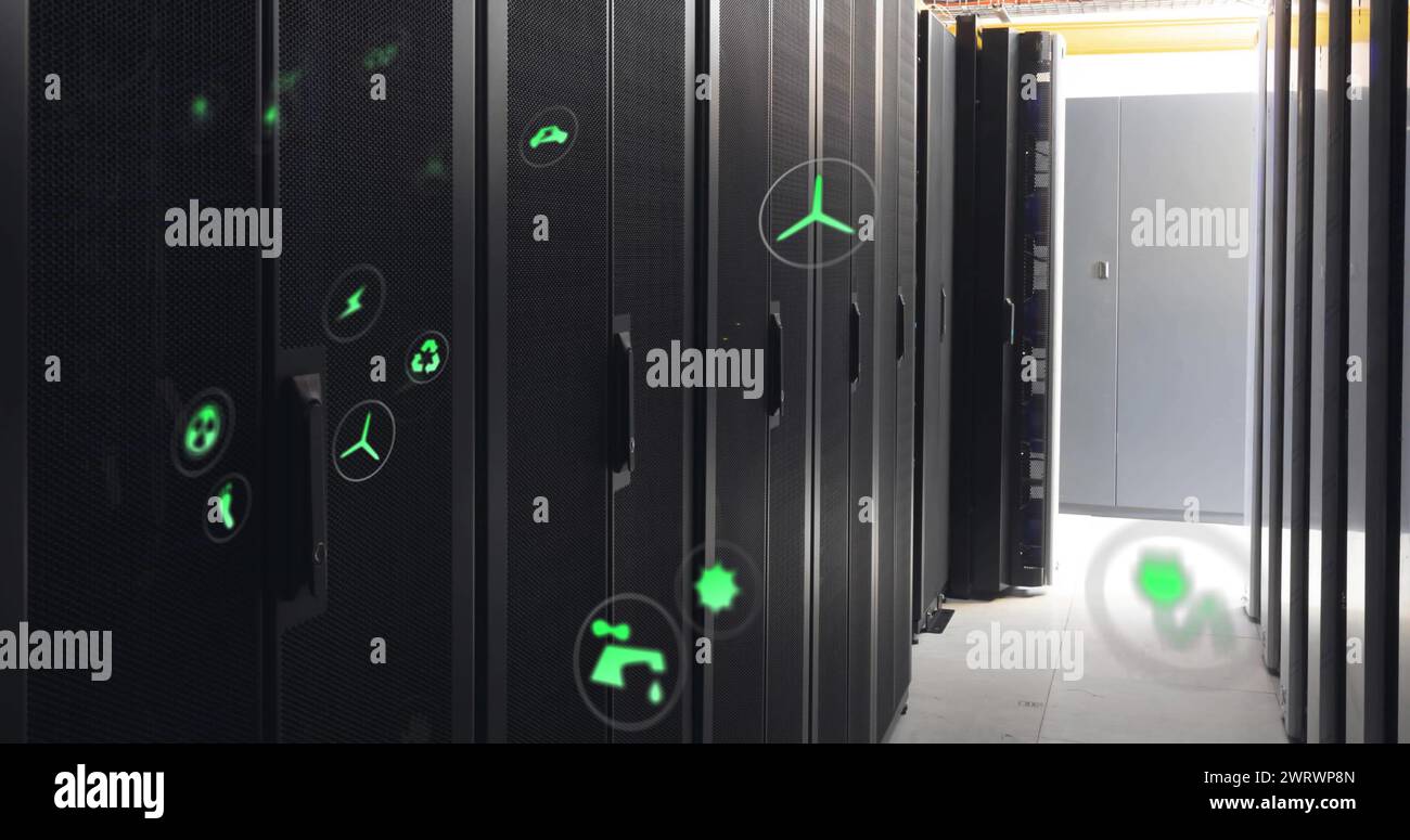 Image Of Eco Icons And Data Processing Over Computer Servers Global Business Connections