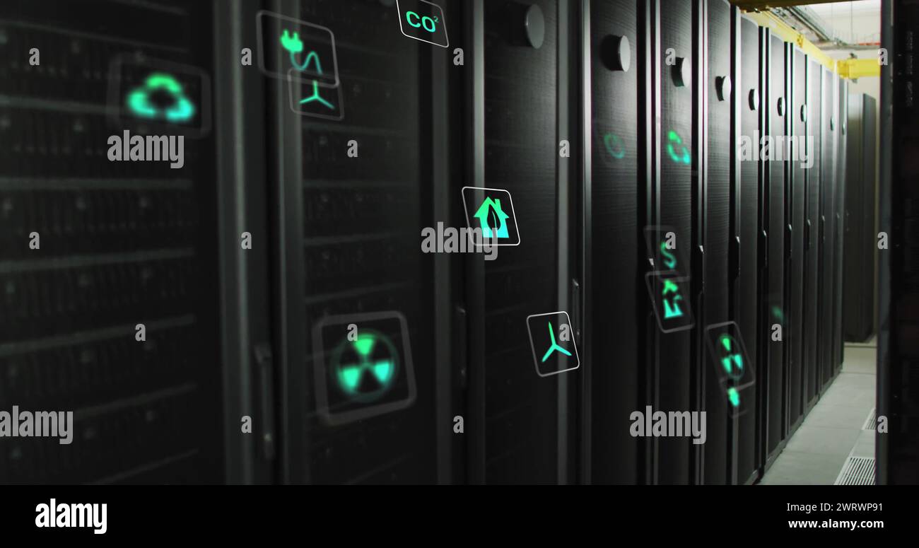 Image of eco icons and data processing over computer servers Stock ...