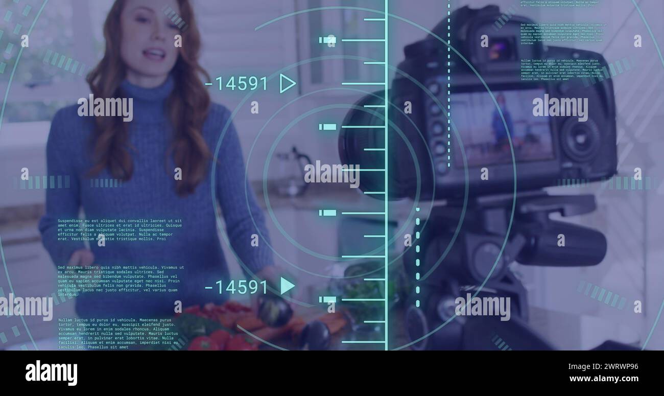 Image of interface and data processing over caucasian woman recording ...