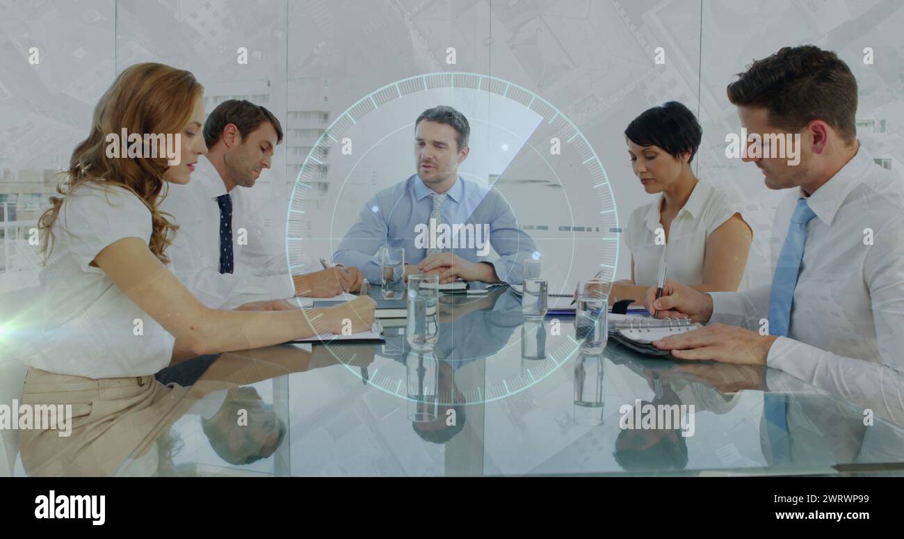 Image of scope scanning over diverse business people talking Stock ...