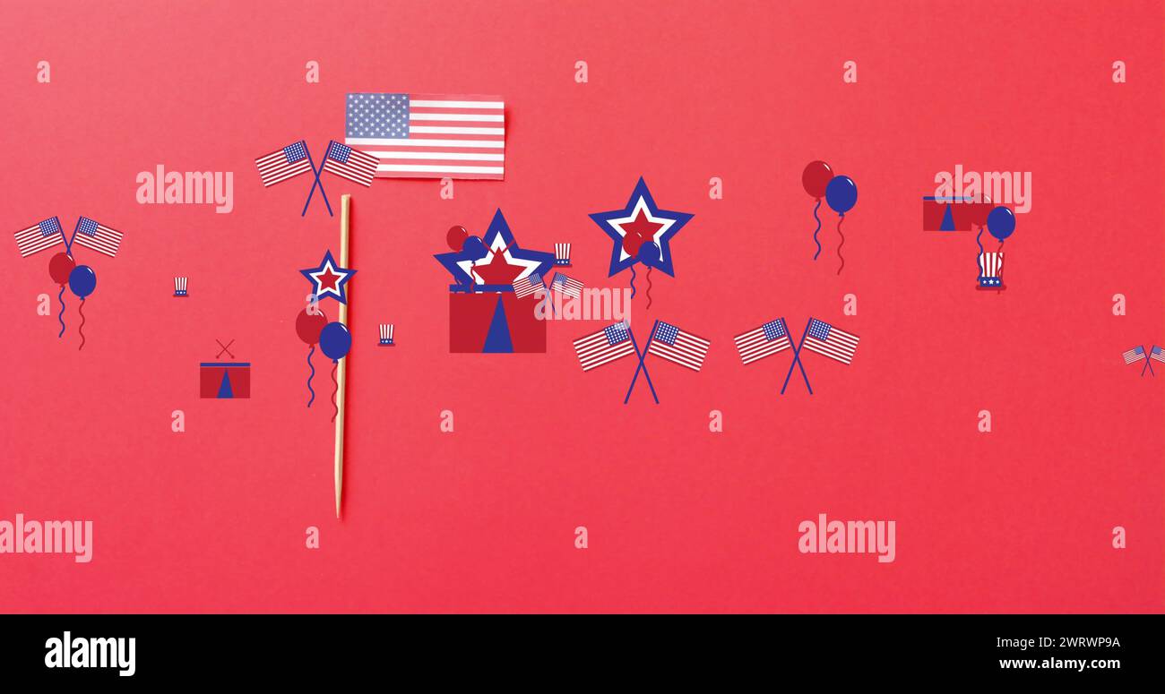 Image of 4th of july independence day text over balloons and flags of ...