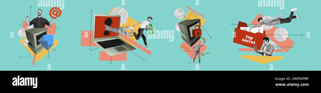 Collage 3d image retro sketch of internet connection computer data ...