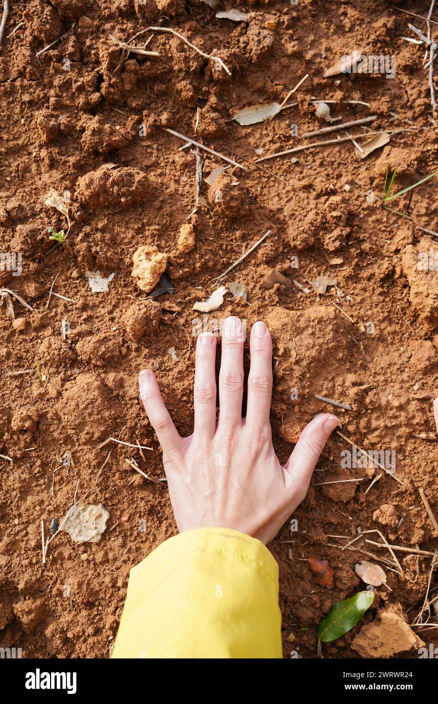 A hand on the ground in a dirt field. Stop to drought and climate ...