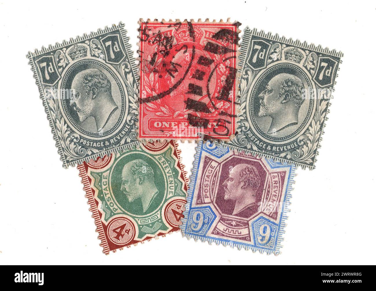 Vintage King Edward VII postage stamps from Great Britain isolated on a ...