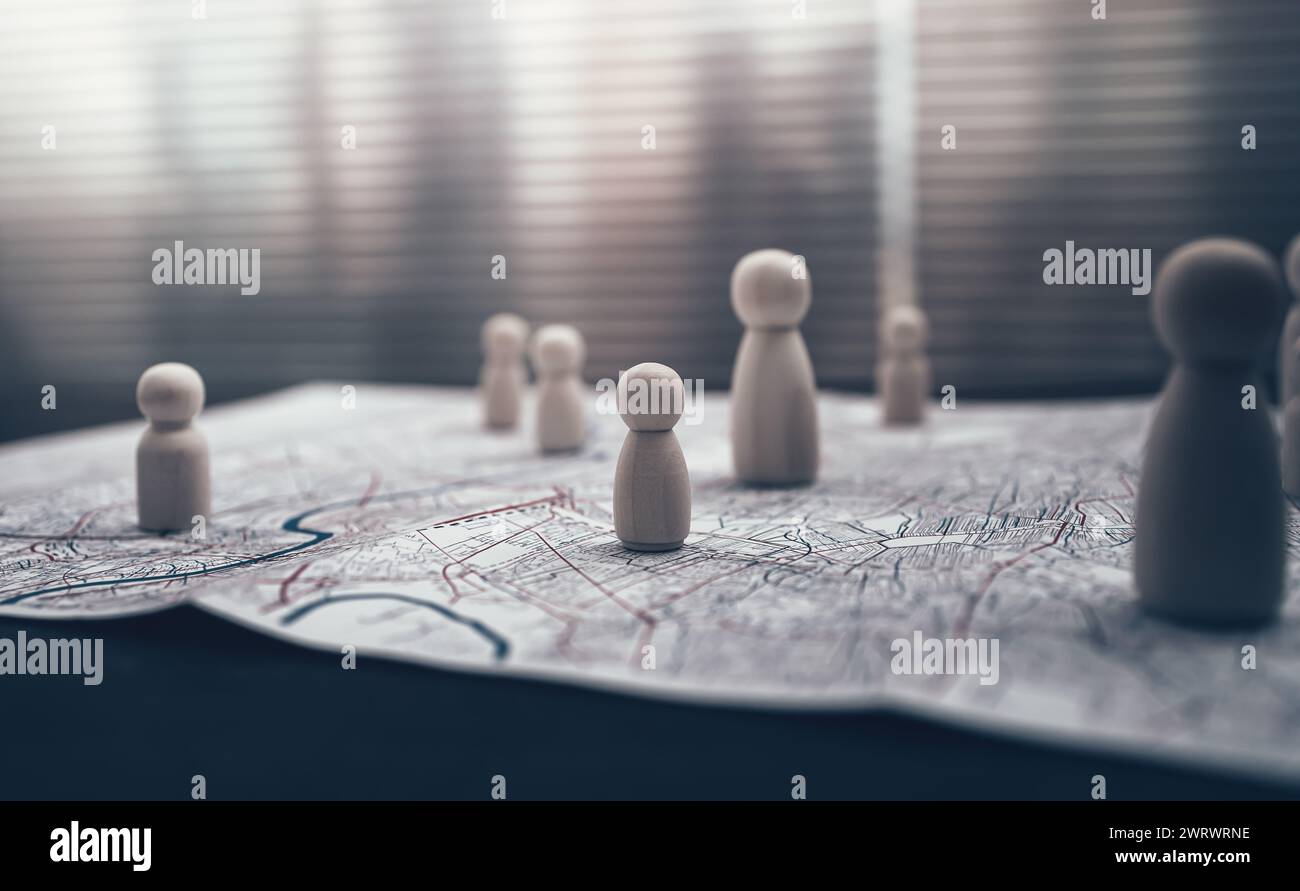 The wooden doll represents the employee of the company on route map ...