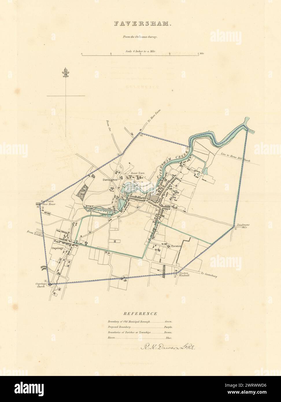 FAVERSHAM borough/town plan. BOUNDARY REVIEW. Kent. DAWSON 1837 old map ...