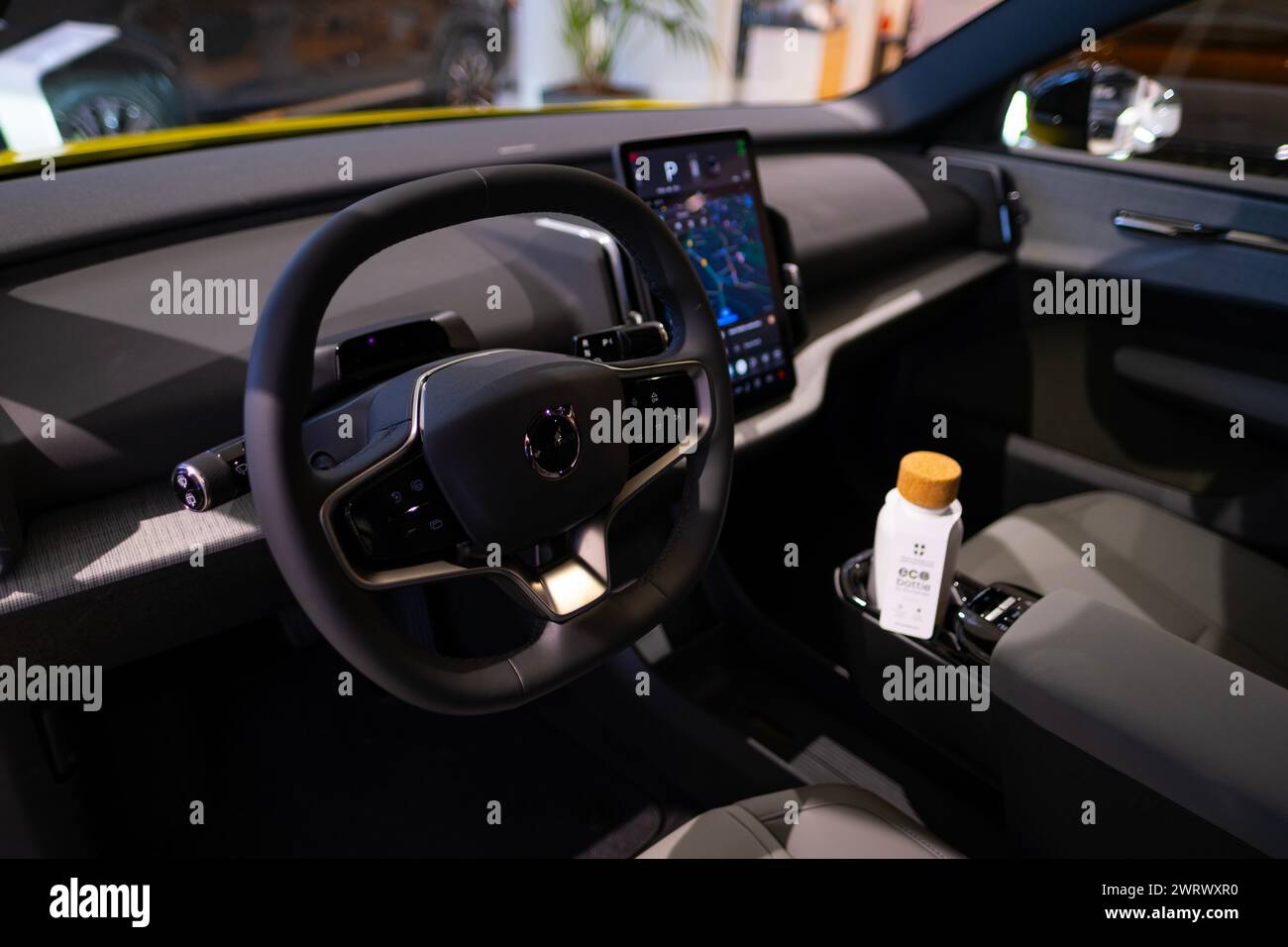 closeup steering wheel, instrument panel, dashboard, display electric ...