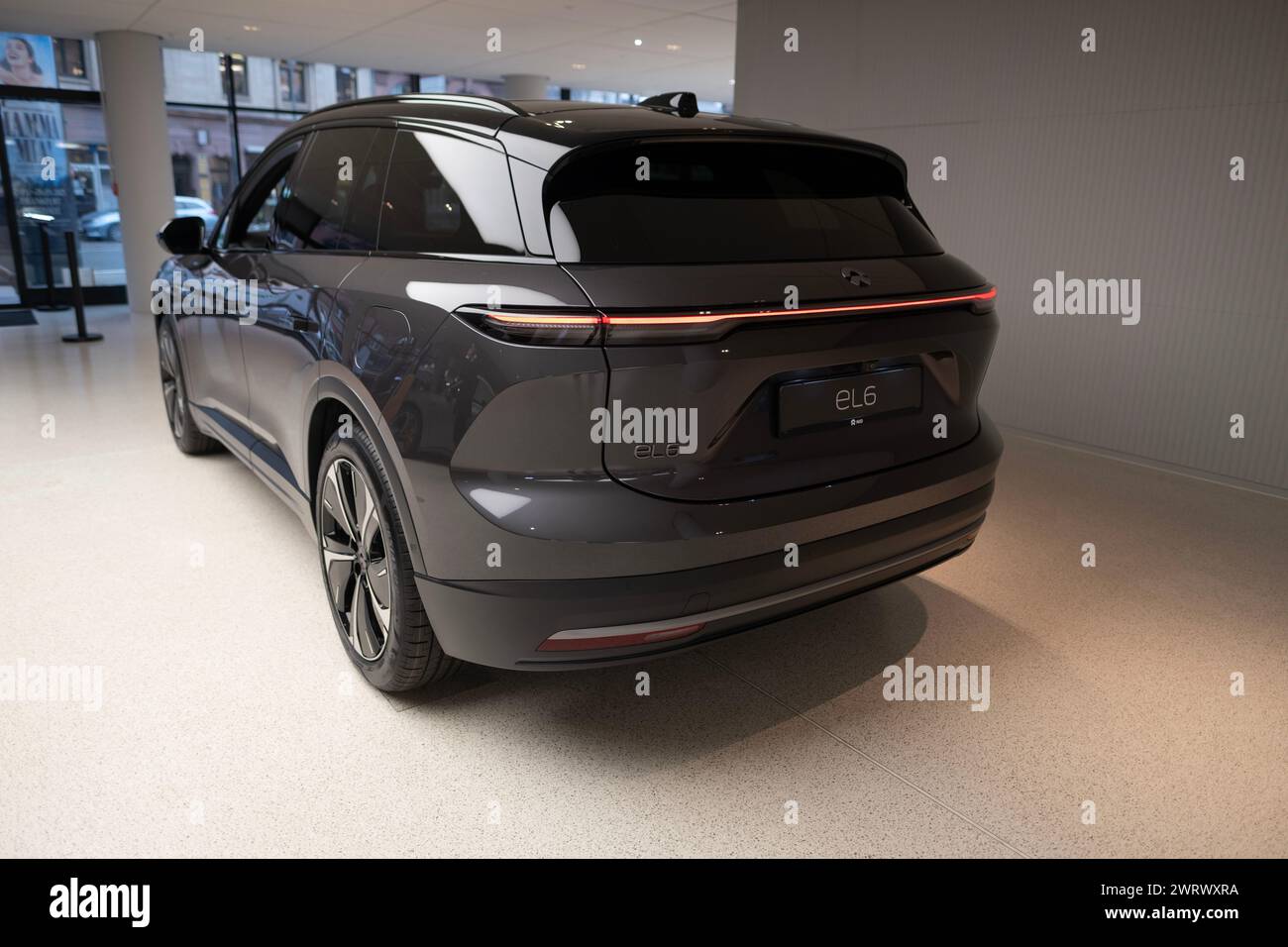 black electric SUV from Chinese brand Nio, all-electric EL6 back view ...