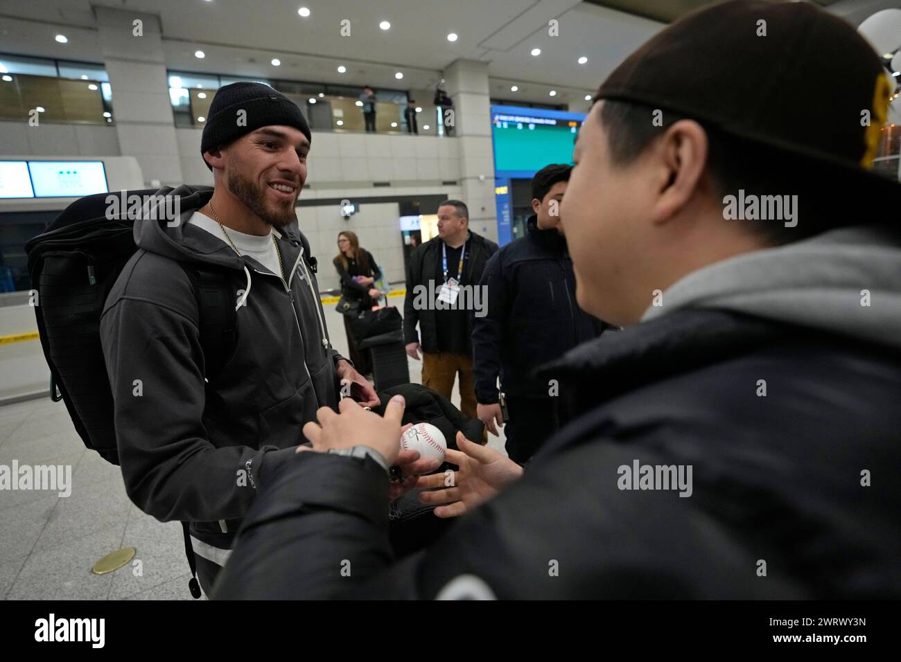 San Diego Padres player Robert Suarez interacts with the crowd as he ...