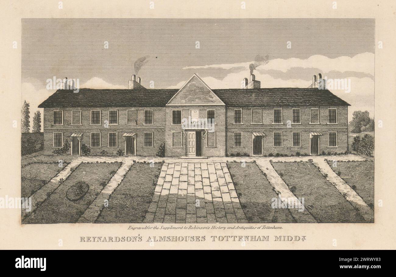 Reynardson's Almshouses, Old School Court, Tottenham, London 1840 print ...