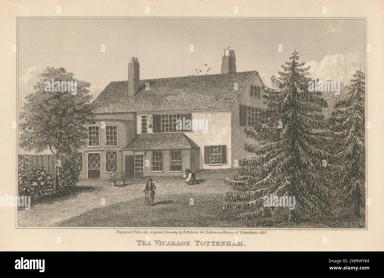 The Vicarage, All Hallows Church, Tottenham 1840 old antique print ...