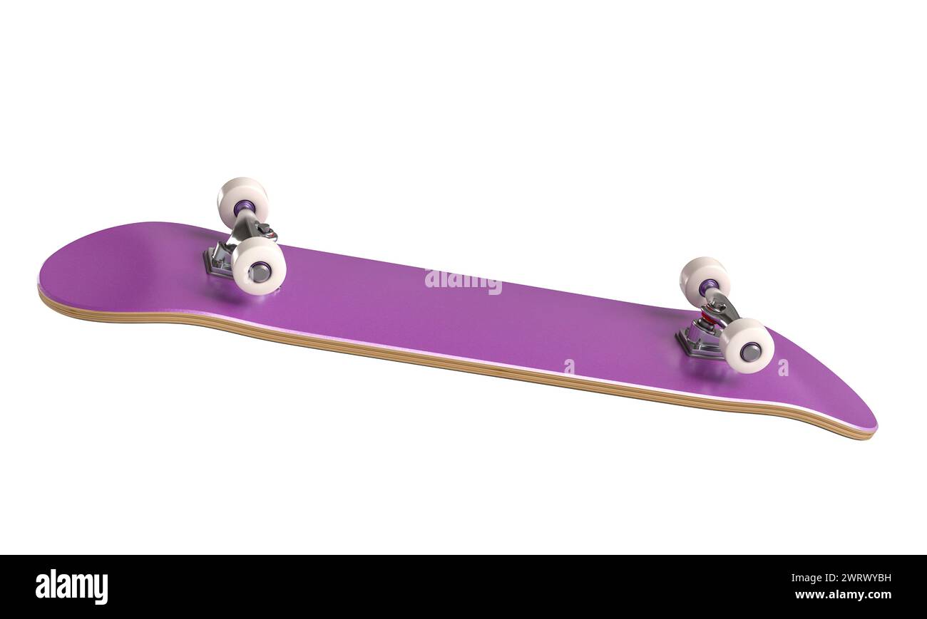 A vivid purple skateboard with white wheels on a white background, 3d ...