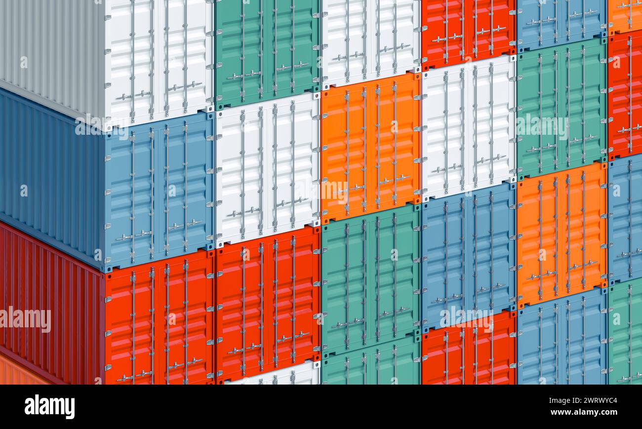 striking side view of colorful stacked shipping containers, 3d render Stock Photo - Alamy