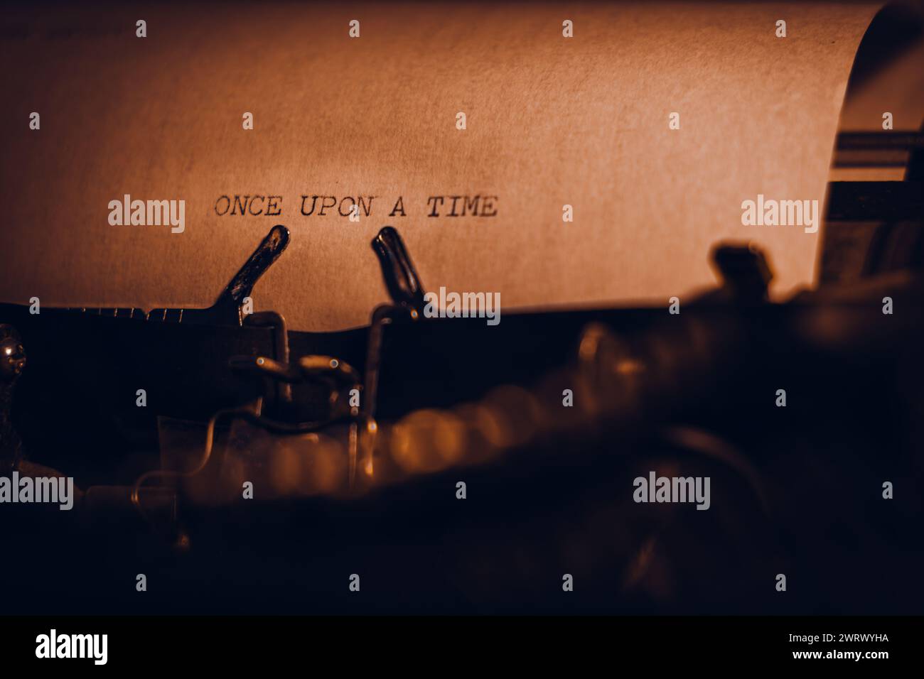 ONCE UPON A TIME typed words on a vintage typewriter. Close up. Antique ...