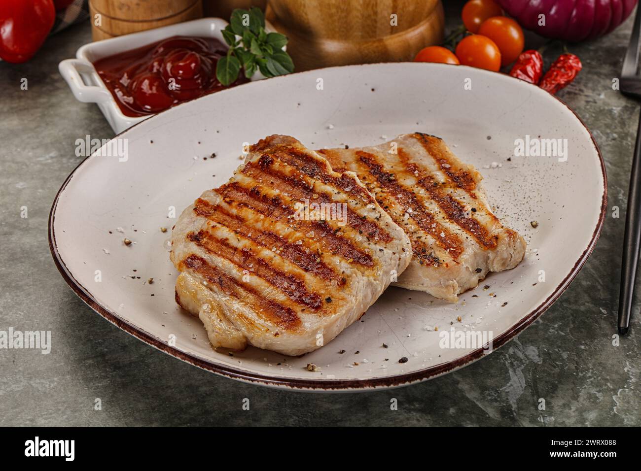Tasty grilled pork meat steak sirloin Stock Photo - Alamy