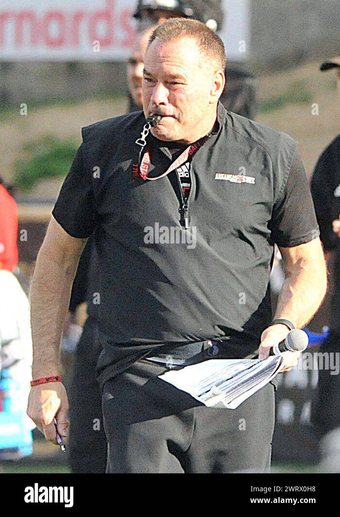 Arkansas State head football coach Butch Jones watches drills during ...