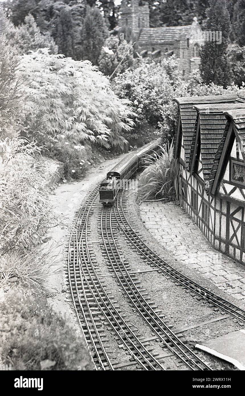 1970s, historical, train carriages on the track of a model railway, a ...