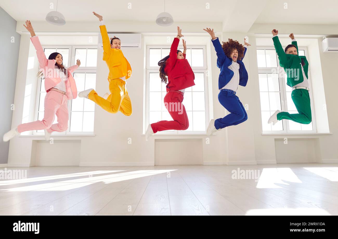 Dancing high jump group people cool happy dance entertainment, office ...