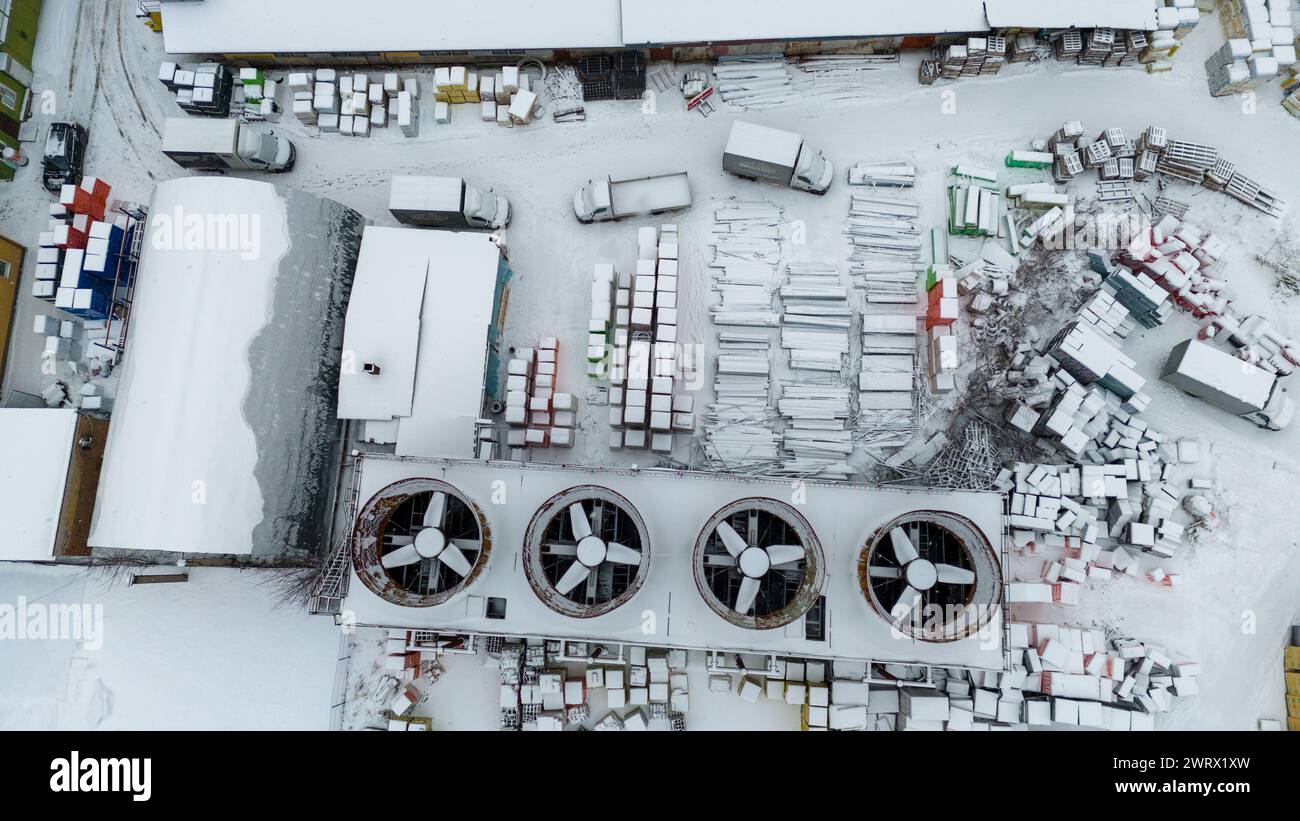 Drone photography of industrial scale cooling fans and construction ...