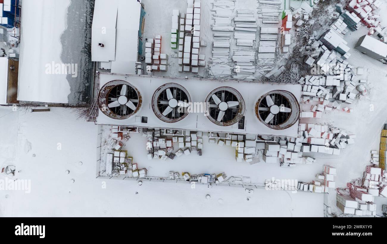 Drone photography of industrial scale cooling fans and construction ...