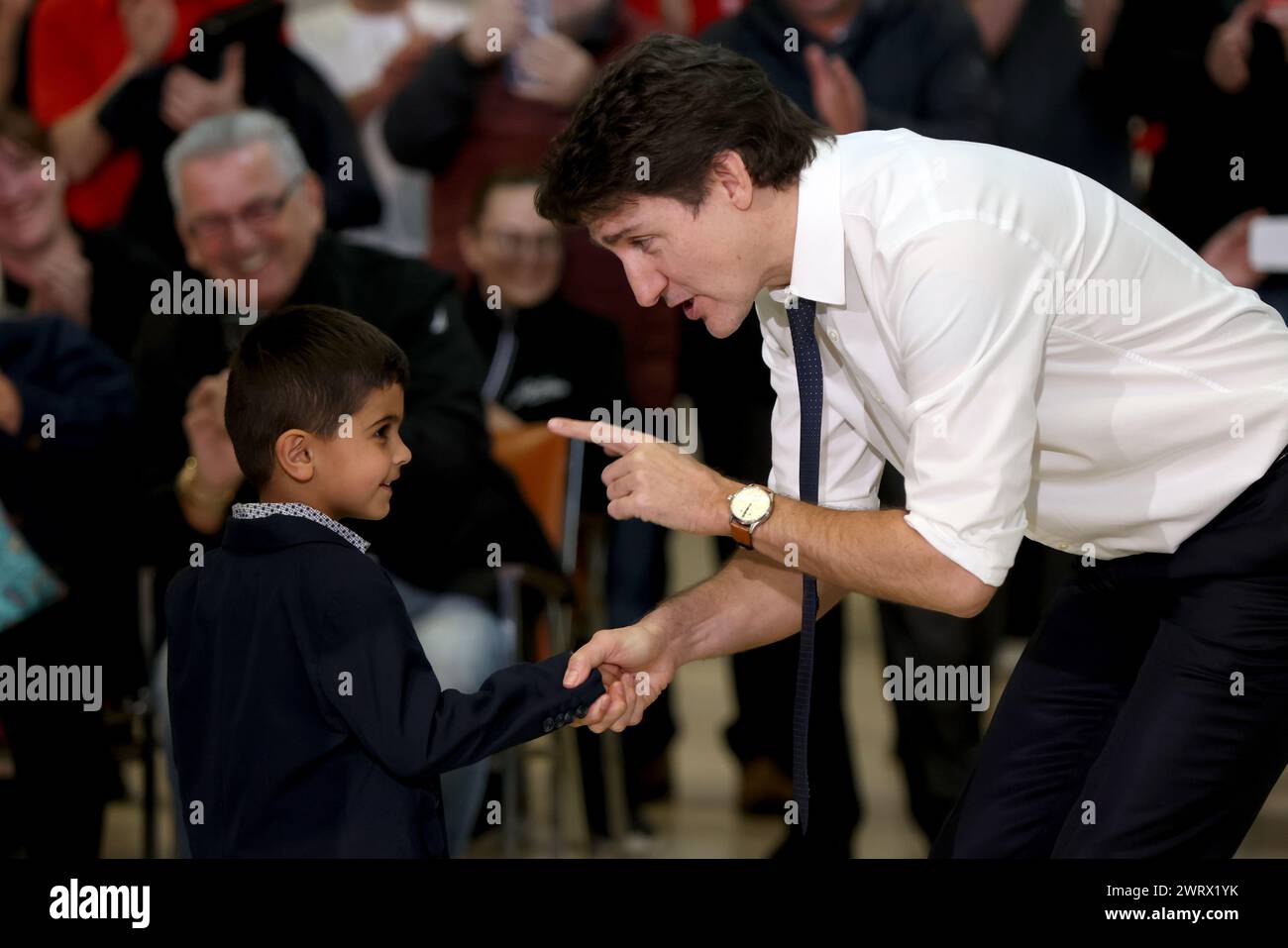 Windsor, Canada. 14th Mar, 2024. Prime Minister Justin Trudeau shakes ...