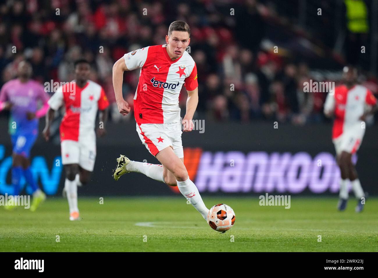 Slavia's Lukas Provod controls the ball during the Europa League group ...