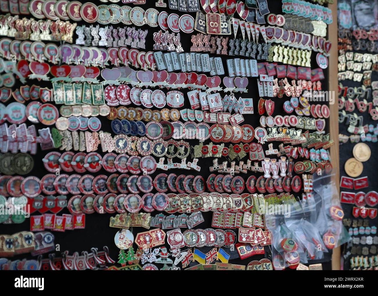 Pin badges for sale outside of Anfield ahead of the match, during the ...