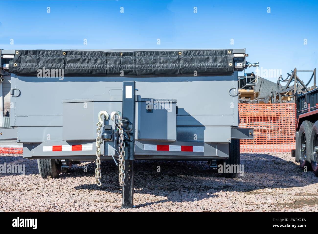 Selective focus on parked flat bed utility trailer with sides Stock ...