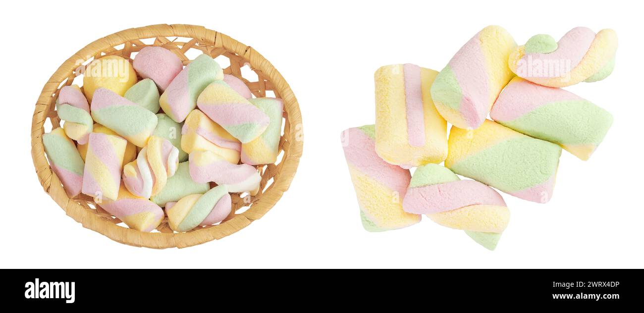 Colorful mini marshmallows in a wicker basket isolated on white ...