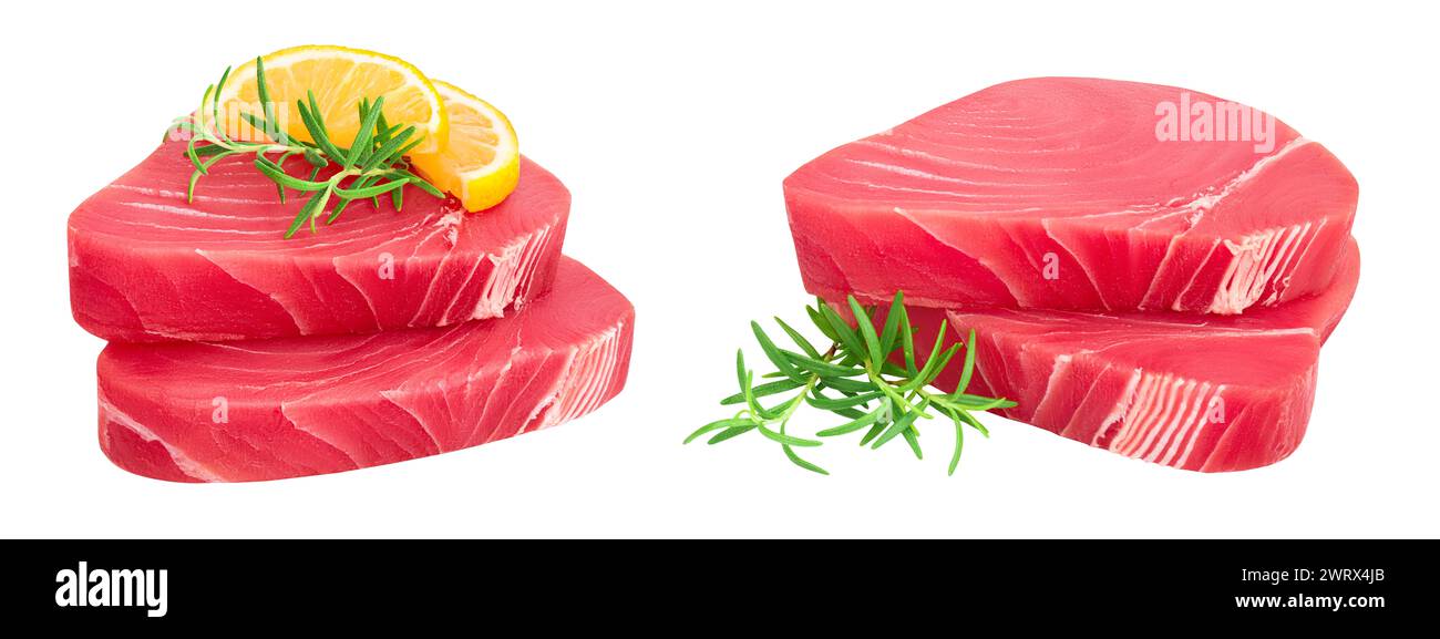 Fresh tuna fish fillet steak with rosemary and lemon isolated on white ...