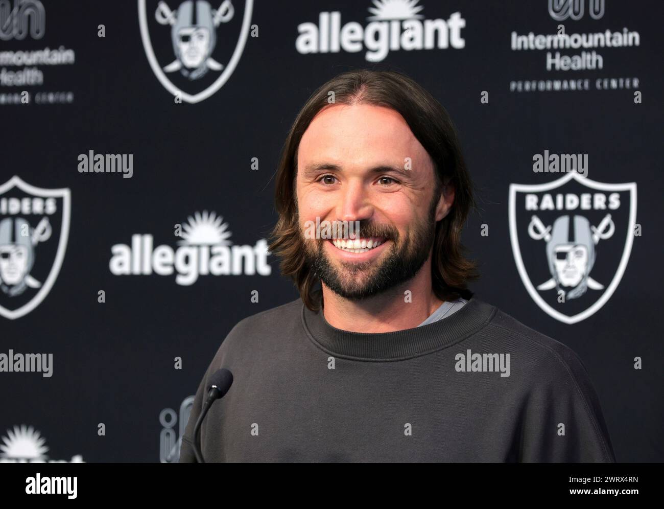 Las Vegas Raiders quarterback Gardner Minshew II smiles during an NFL ...