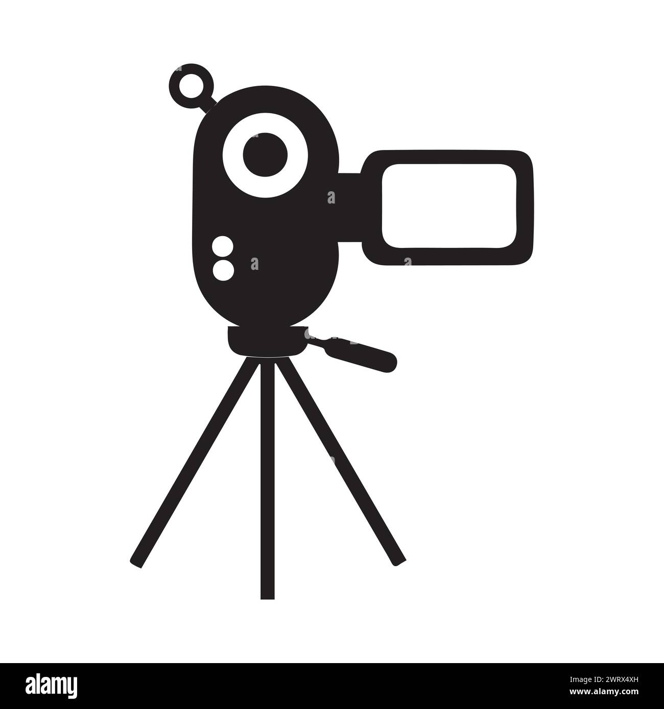 Camera tripod icon stands on a special front view, Old and New black white. Movie video vector ...