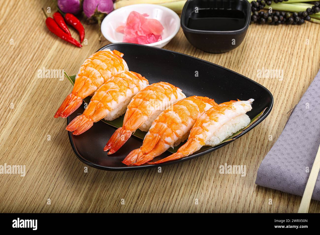 Japanese cuisine - sushi nigiri with prawn Stock Photo - Alamy
