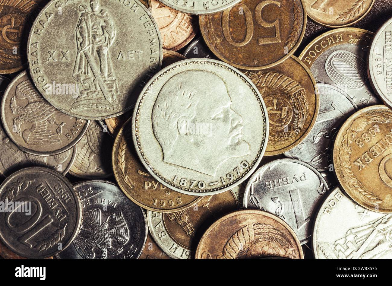 Photo of soviet 1 ruble 1970 coin on pile of other various soviet coins ...