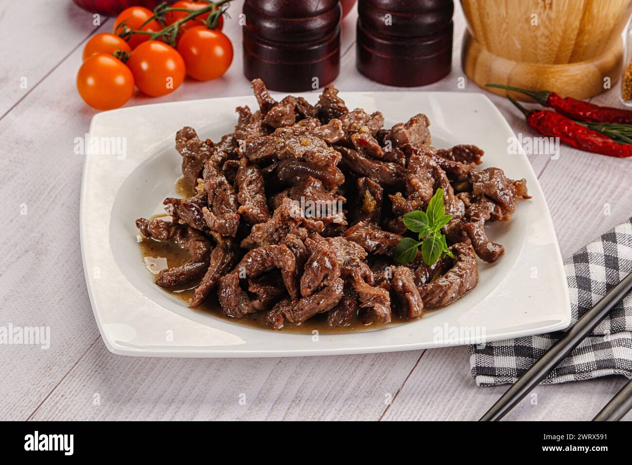 Stew beef slices with gravy Beef Stroganoff Stock Photo - Alamy