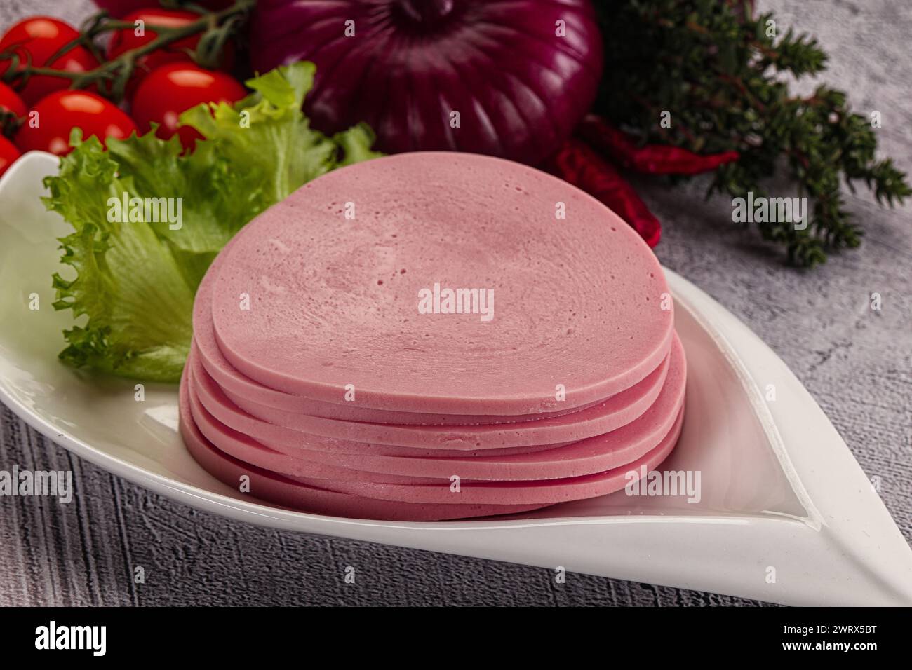 Boiled pork sliced sausage stack for breakfast Stock Photo - Alamy