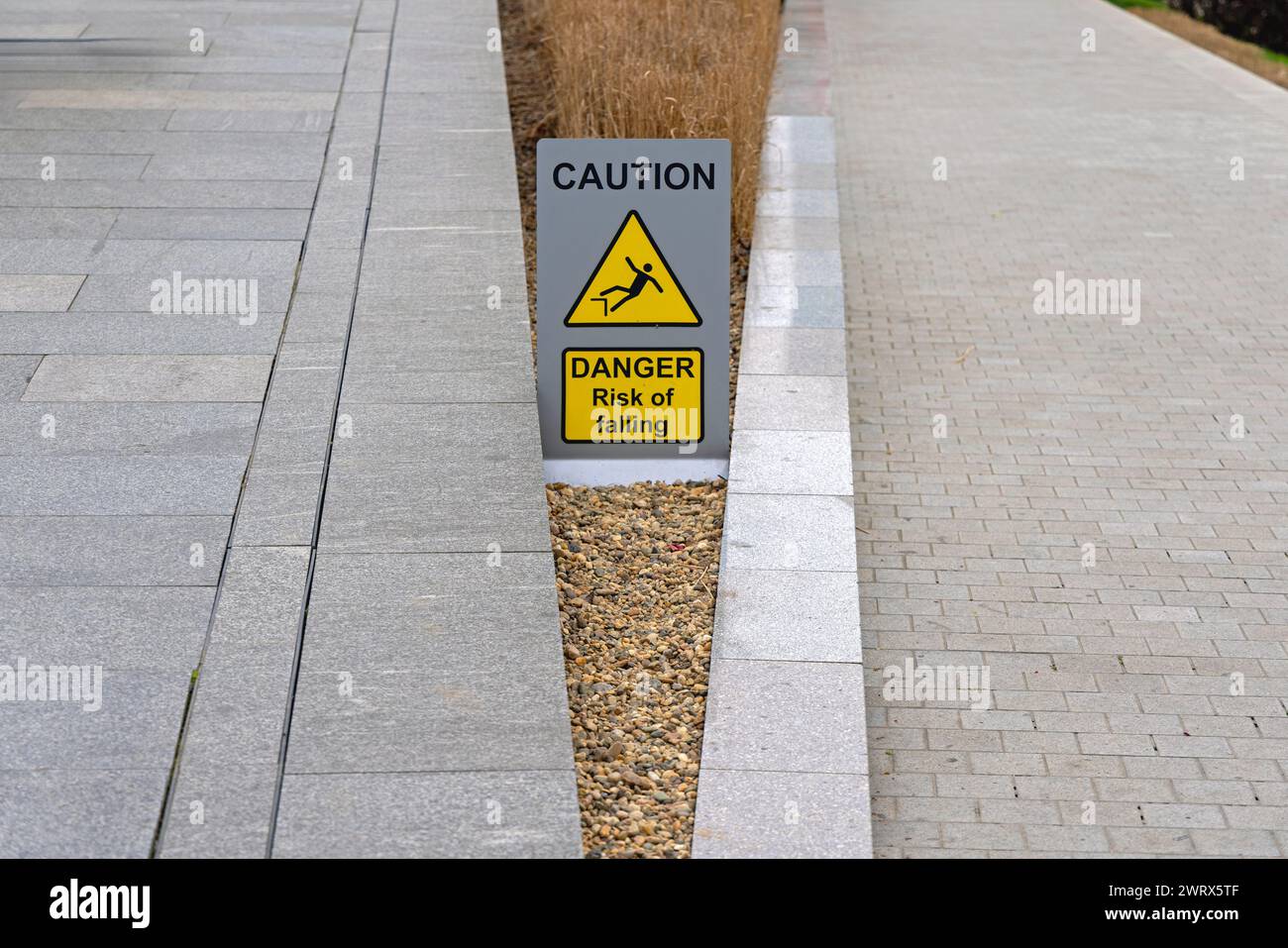 Caution Danger Sign Risk of Falling Between Pathways Stock Photo - Alamy