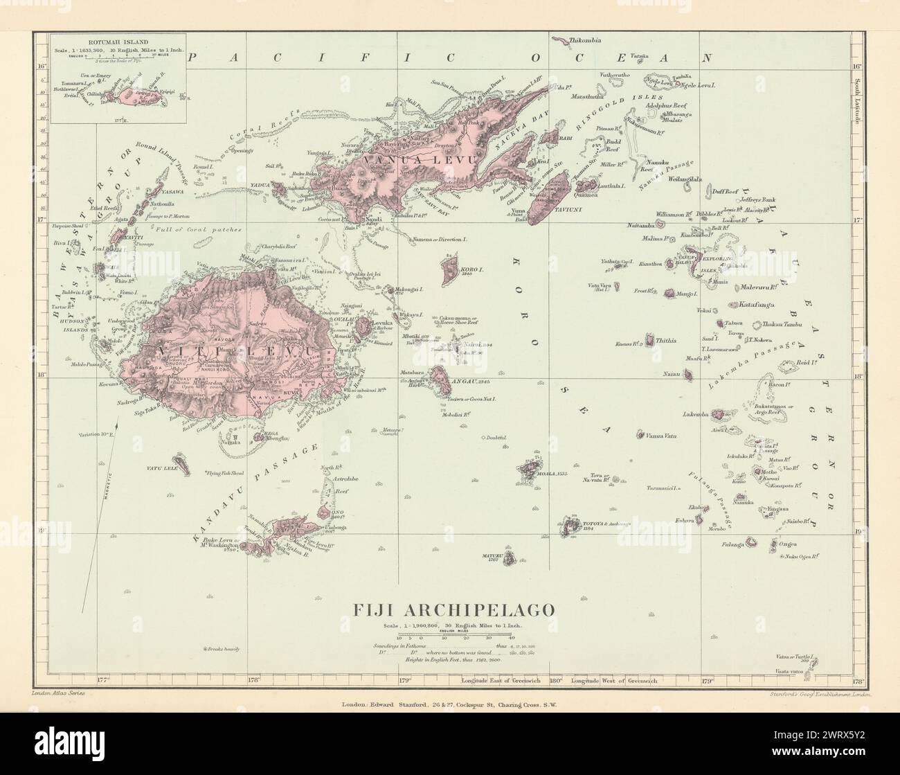 Fiji Archipelago. Vanua Levu. Viti Levu. Rotumah. STANFORD 1896 old map ...
