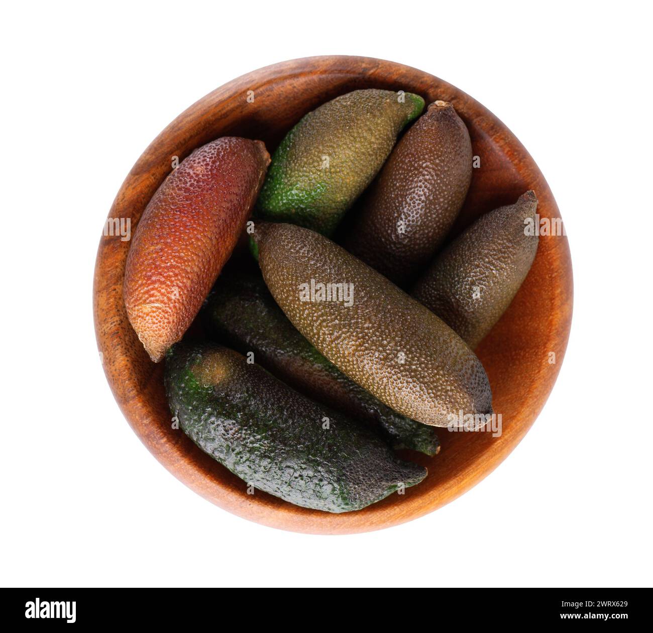Fresh finger limes in wooden bowl isolated on white background. Caviar ...