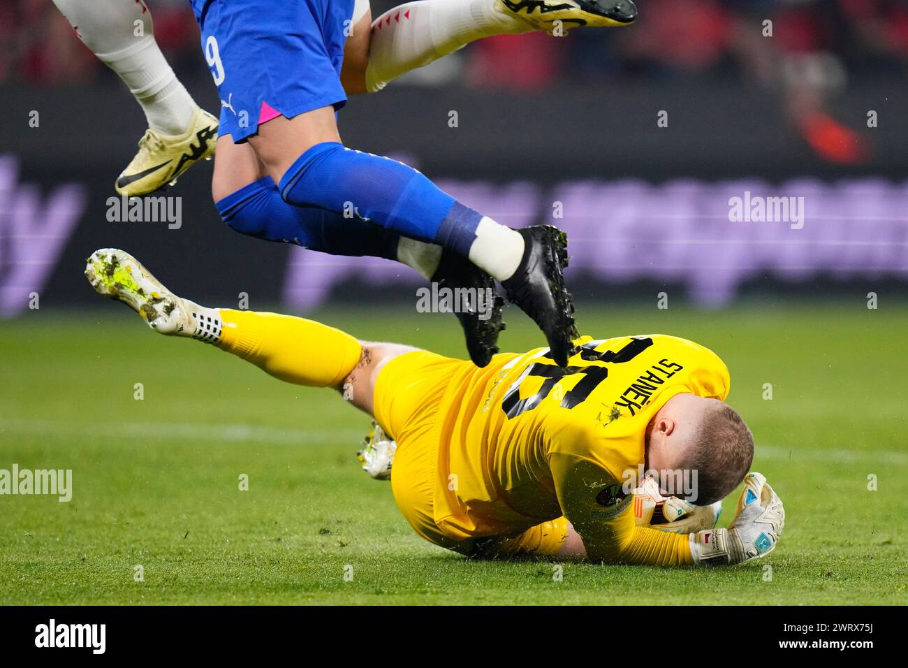 Slavia's goalkeeper Jindrich Stanek stop the ball during the Europa ...