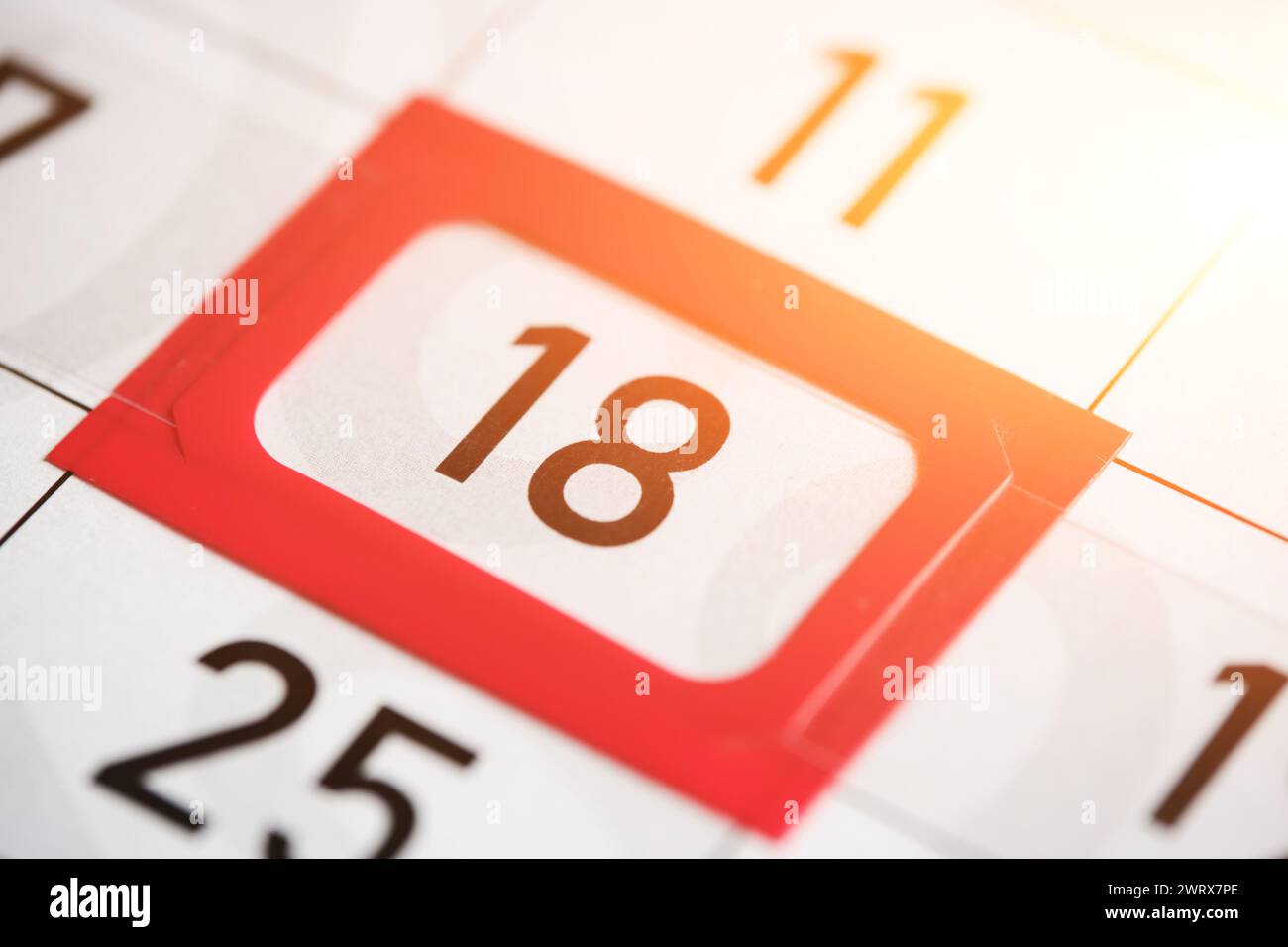Calendar date.18th day in the calendar is highlighted in a red frame ...