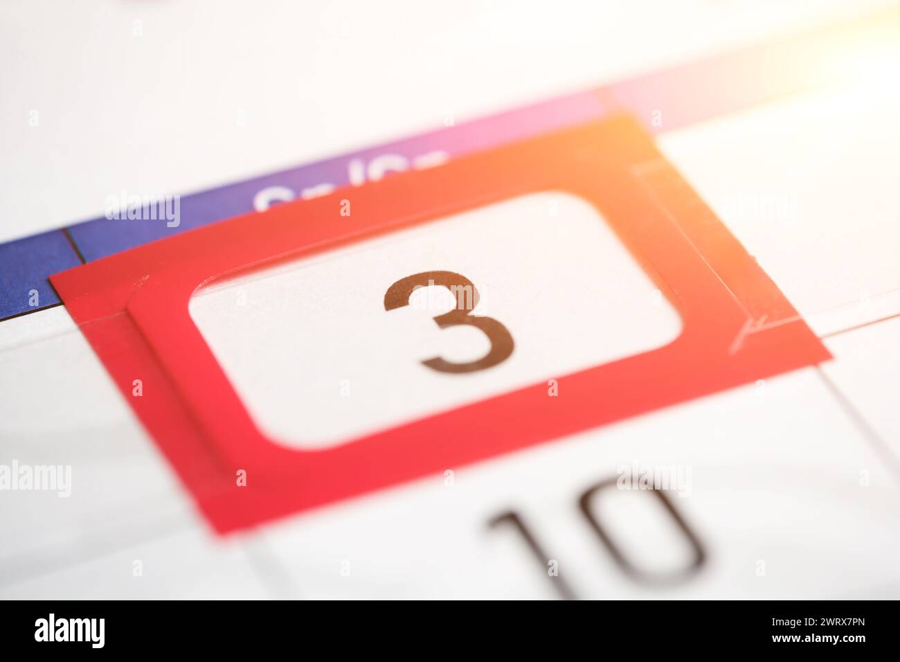 Calendar date. 3th day in the calendar is highlighted in a red frame ...
