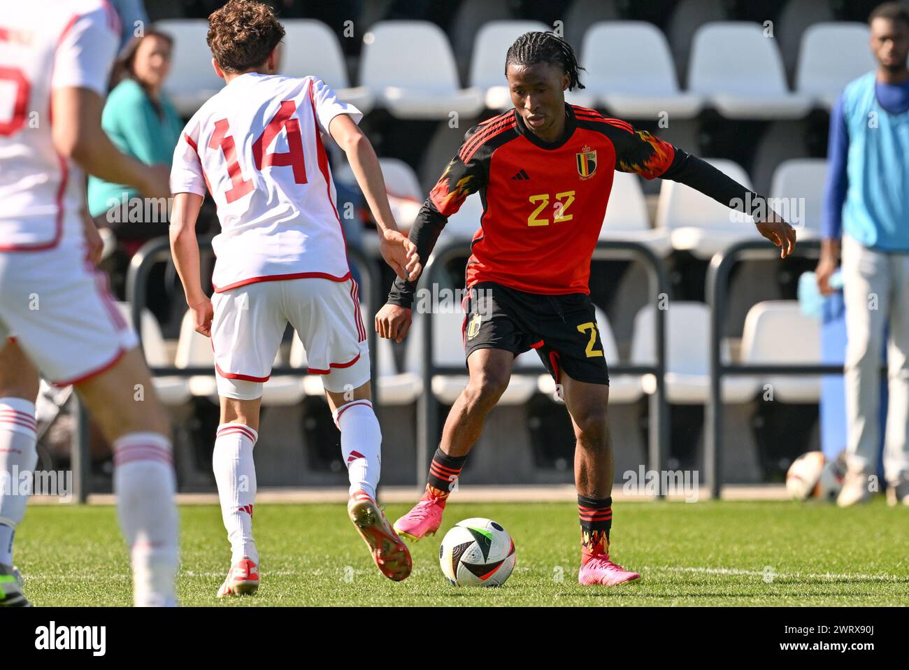 Tubize, Belgium. 14th Mar, 2024. Gassimou Sylla (22) of Belgium ...