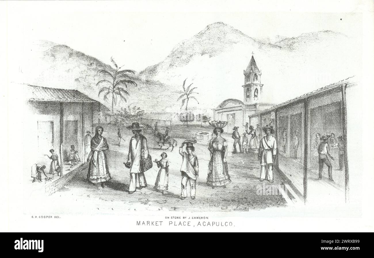 'Market Place, Acapulco', Mexico, lithograph by George Cooper 1853 old ...