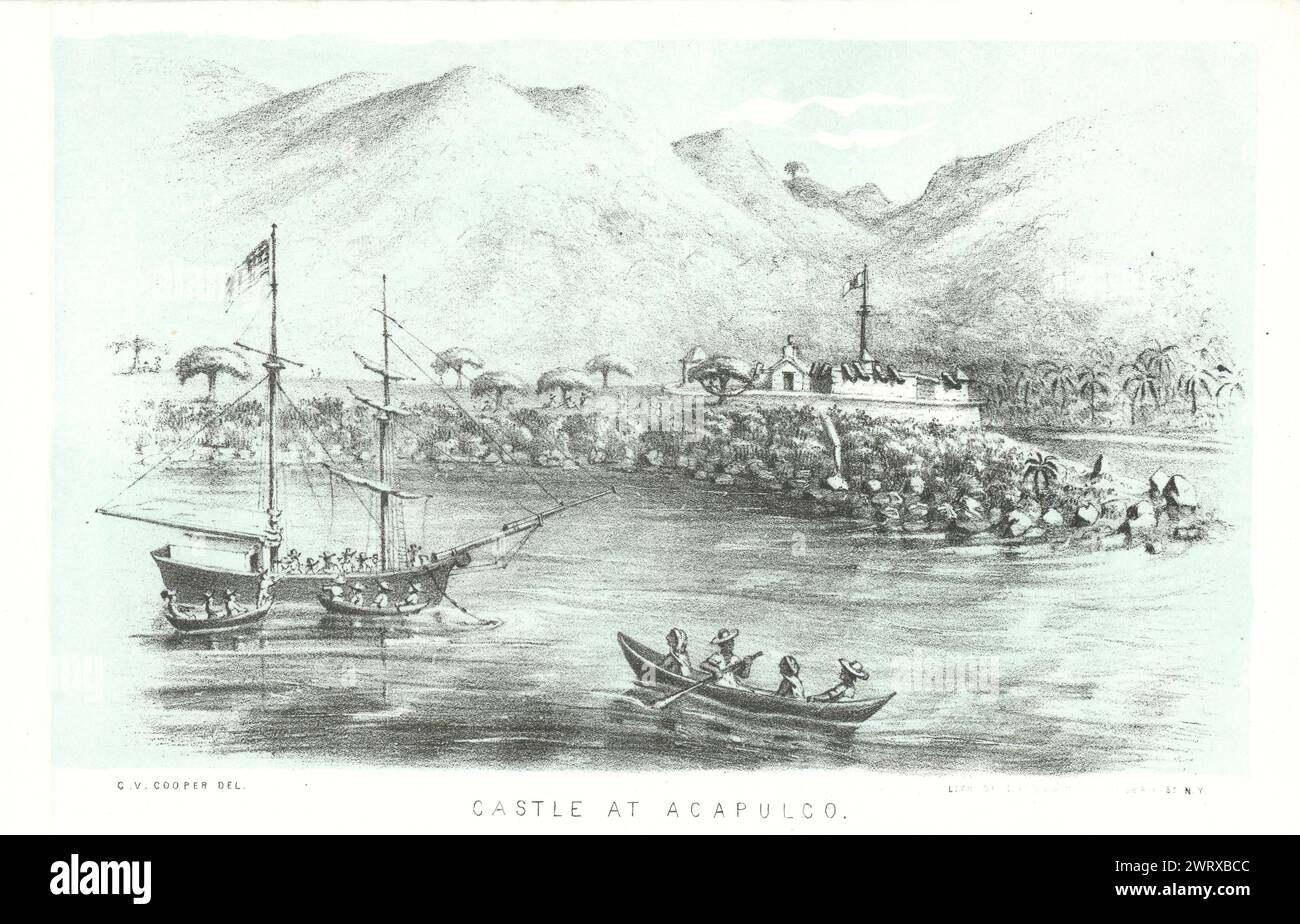 'Castle at Acapulco', Mexico, lithograph by George Cooper 1853 old ...