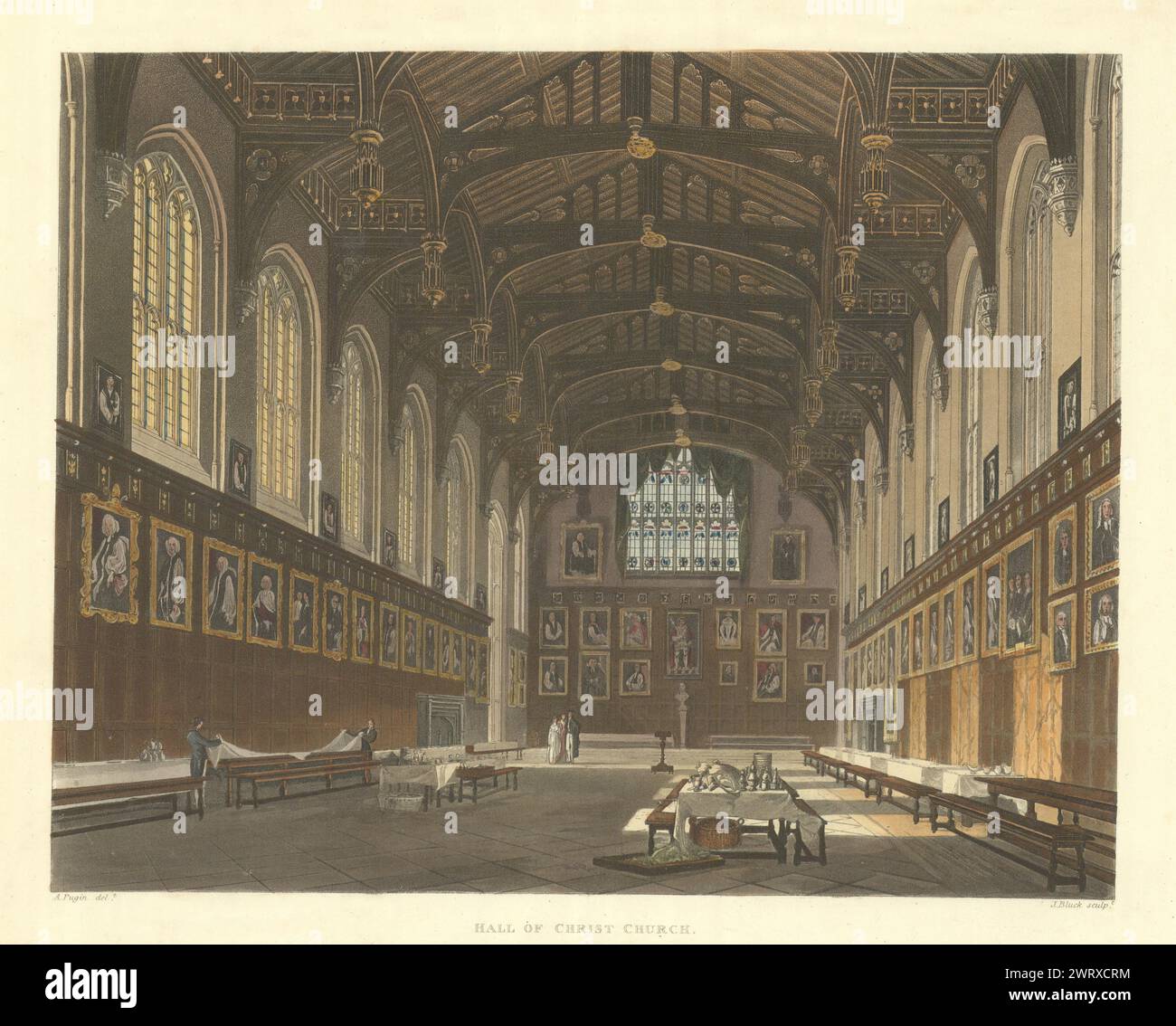 Hall of Christ Church. Ackermann's Oxford University 1814 old antique ...