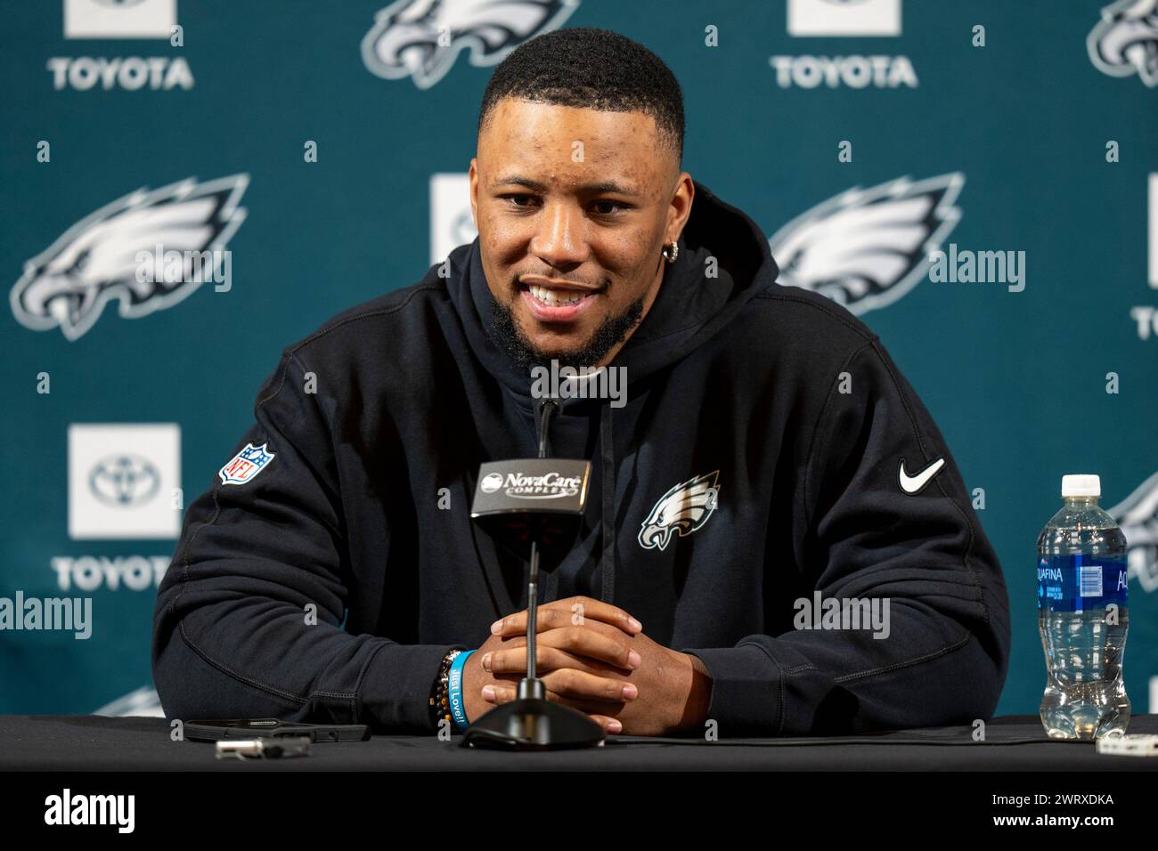 Philadelphia Eagle's Saquon Barkley talks to the media during a press ...