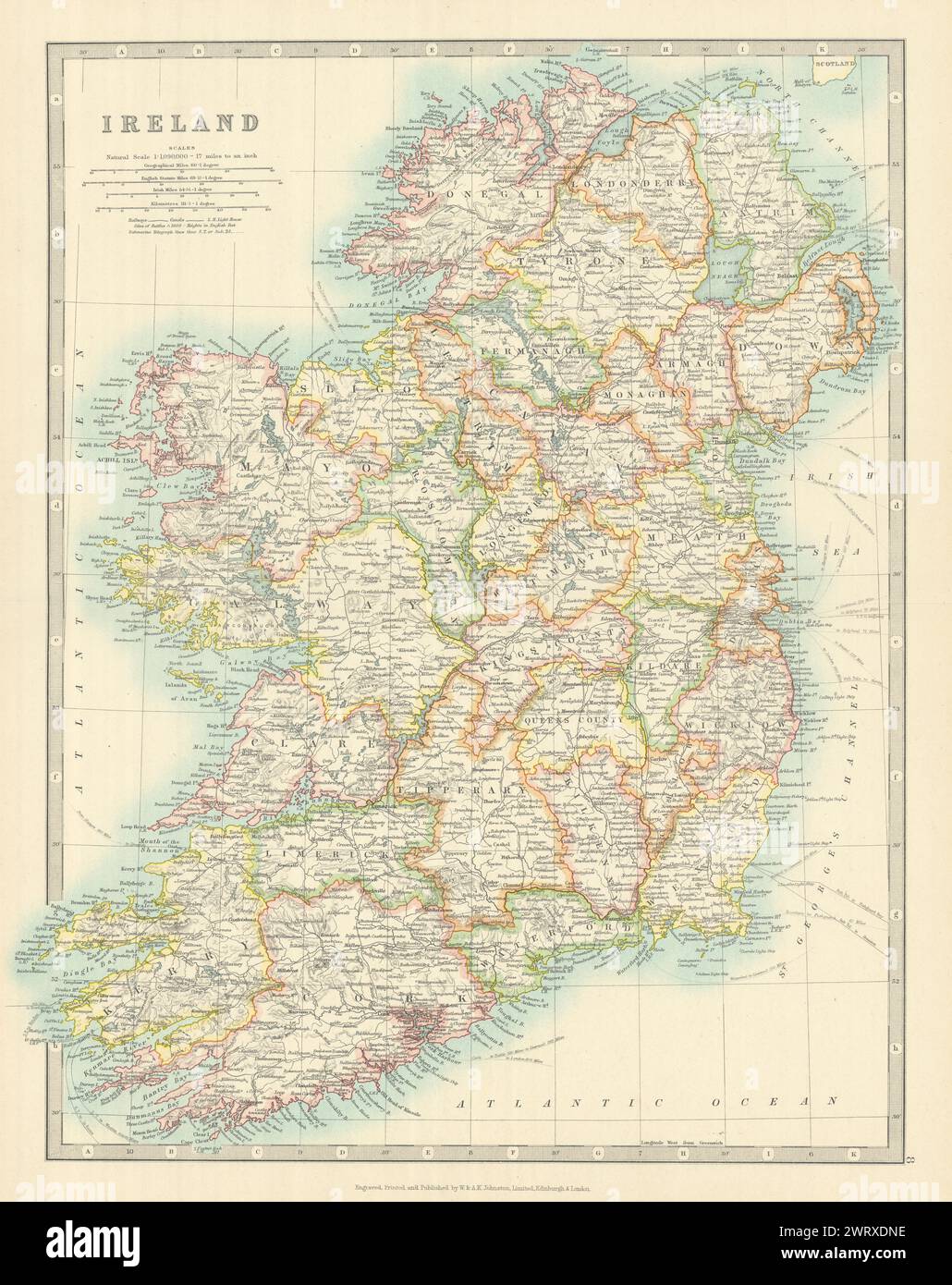 IRELAND showing battlefields and dates. JOHNSTON 1913 old antique map ...
