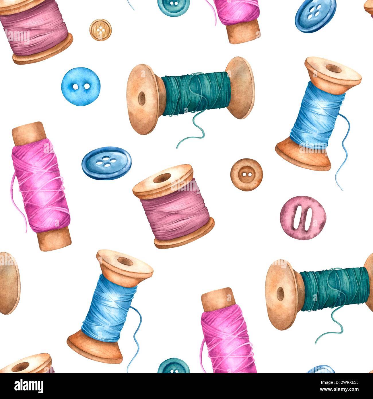 Seamless watercolor surface pattern of spools of sewing thread and ...