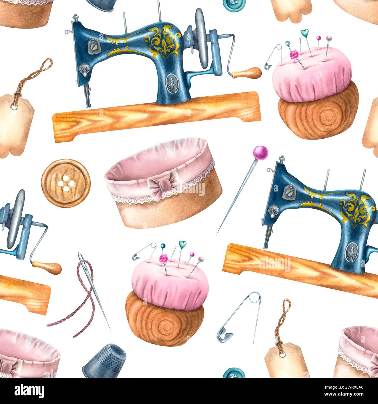 Seamless pattern with sewing machine, pincushion, safety pin, thimble ...